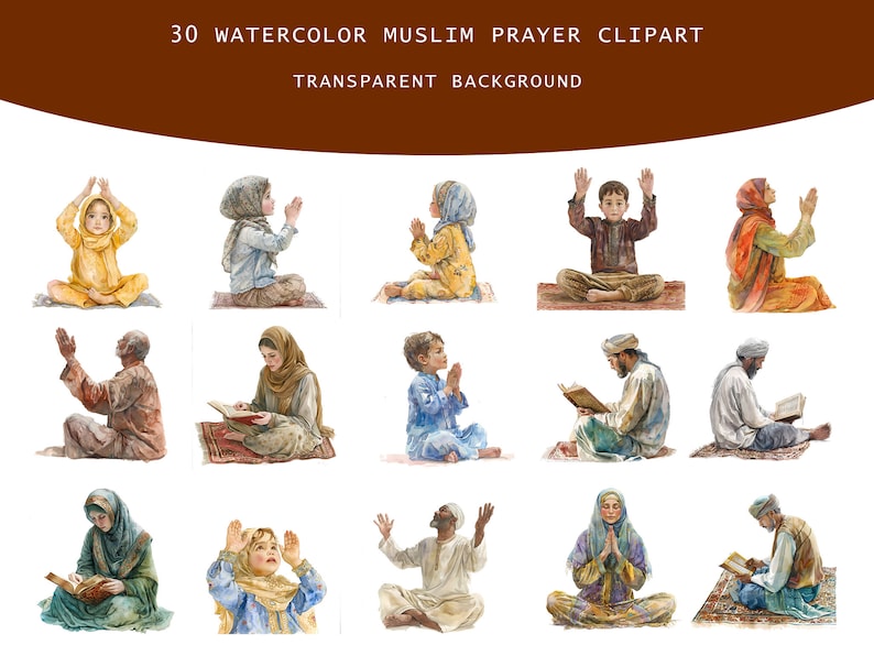 Watercolor Islamic Prayer Clipart, 30 PNG Islamic Clip Art, Muslim ...