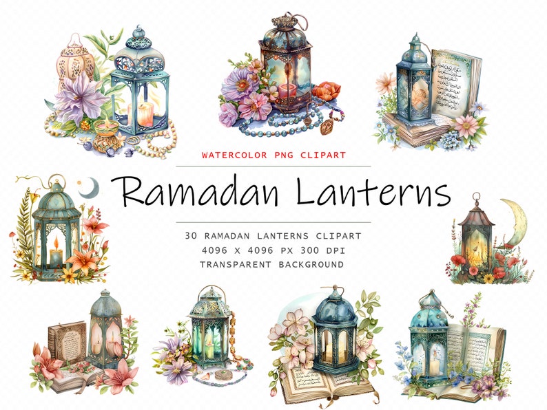 Watercolor Ramadan Lantern Clipart,30 PNG Ramadan Clip Art, Muslim ...