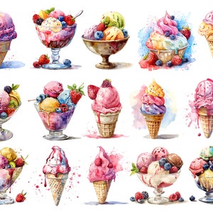 Watercolor Ice Cream Clipart, 30 PNG Summer Treats Clip Art, Sweet ...