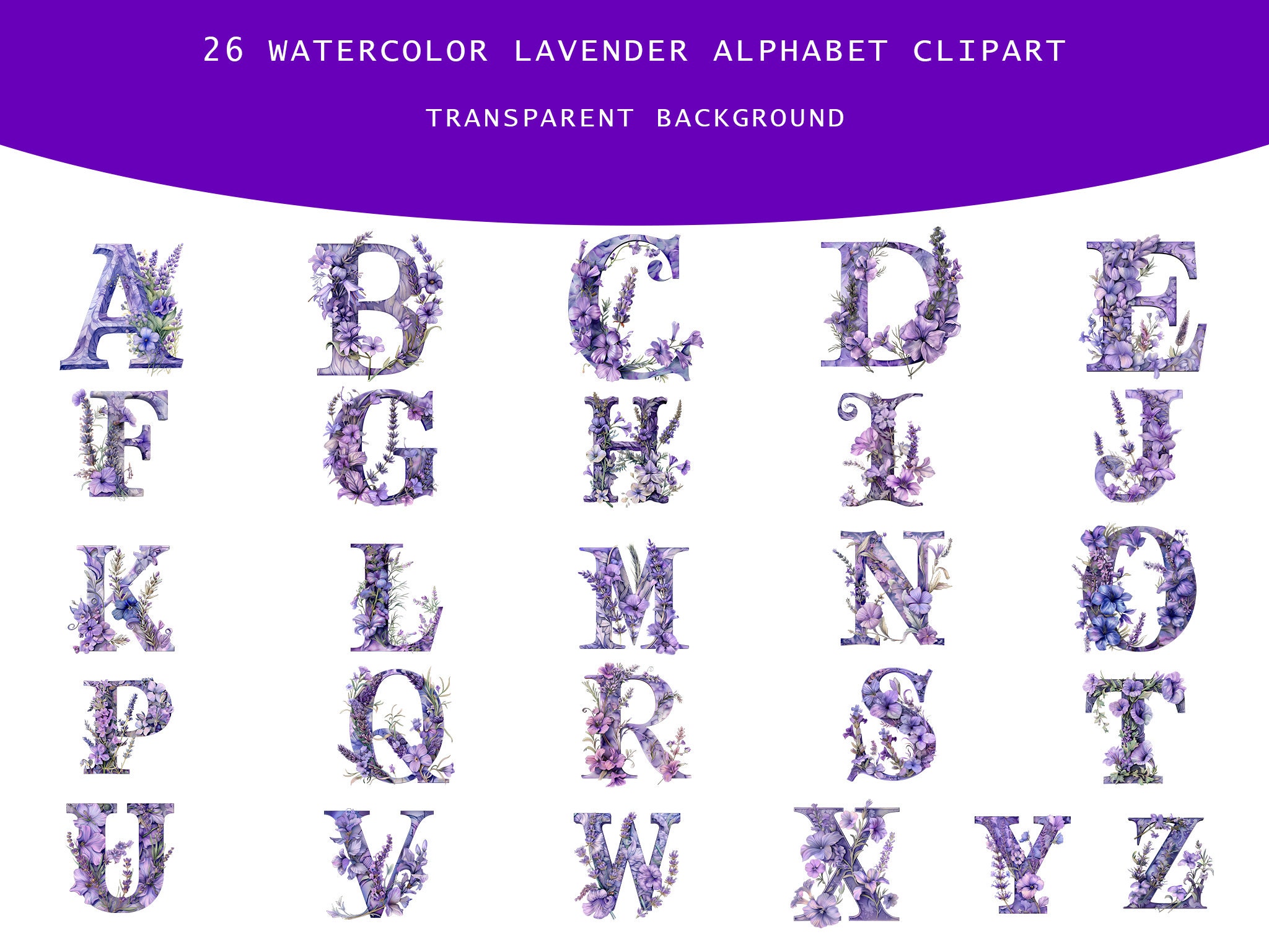 Lavender Alphabet Clipart, Letters Png, Alphabet Png, 26 PNG Files ...