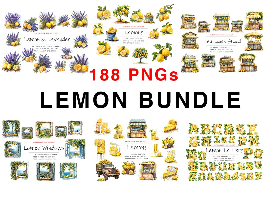 Watercolor Lemons Bundle Clipart, 188 High Quality PNG Files, Lemons ...