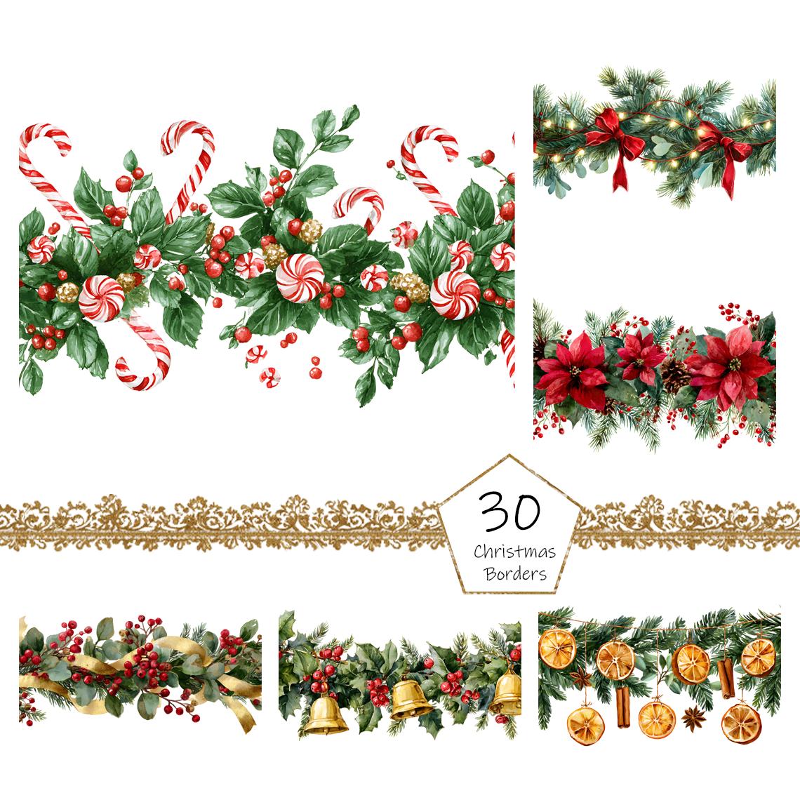 Watercolor Christmas Borders Clipart, 30 PNG Christmas Clip Art ...