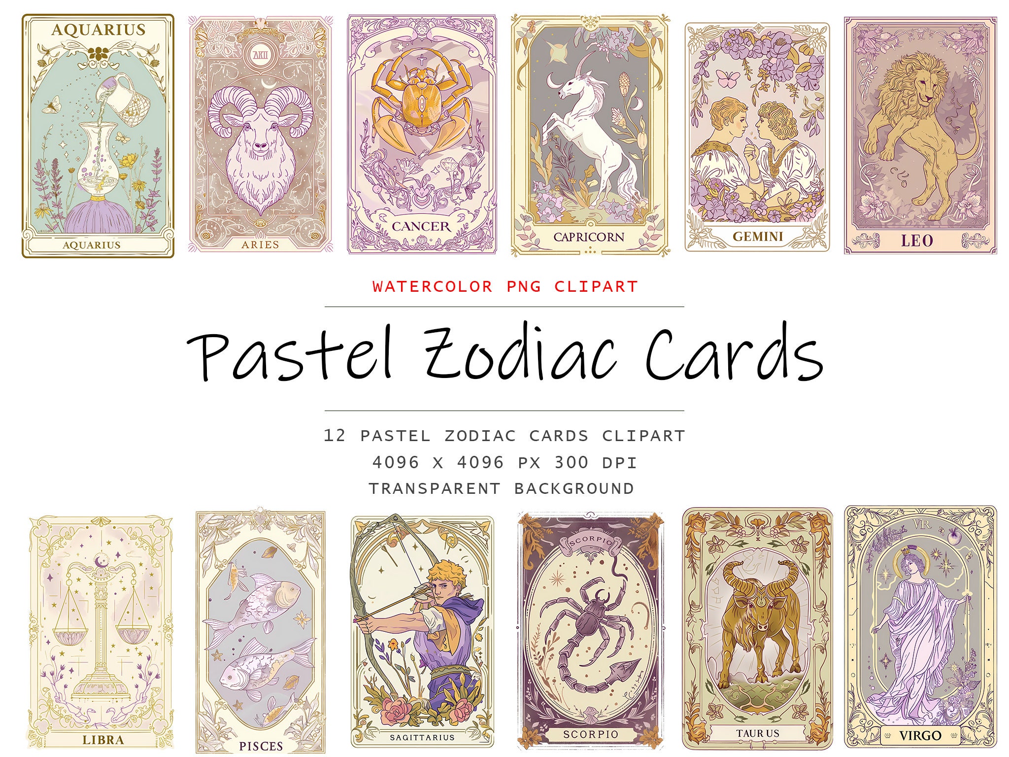 Vintage Pastel Zodiac Cards, 12 PNG Zodiac Png Art, Commercial Use ...