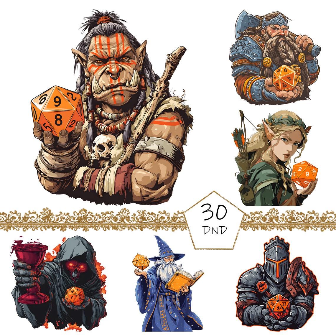 DND Dice Clipart, 30 PNG Dnd Characters Clip Art, Commercial Use, Dnd ...