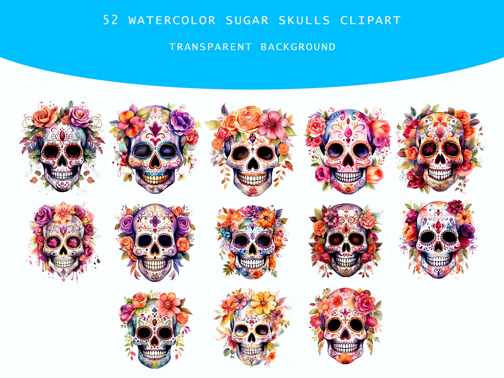 Watercolor Sugar Skull Clipart, Watercolor Clipart,skulls With Flowers ...