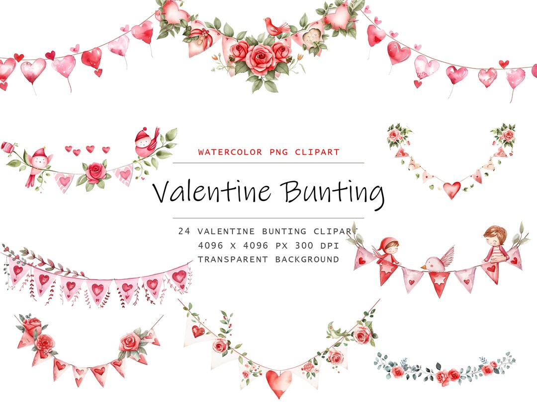 Watercolor Valentine Bunting Clipart, 42 High Quality PNG Files, Hearts ...