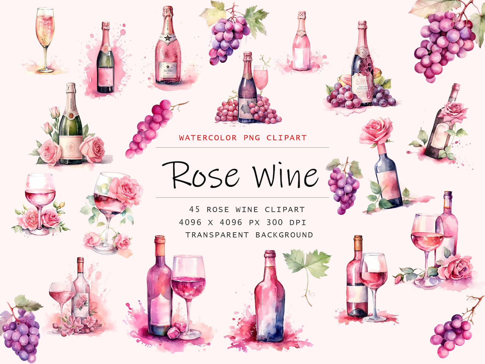 Watercolor Rose Wine Clipart - Digital Png Wine Grapes, Wine ...