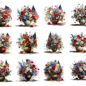 Watercolor Independence Day Flower Bouquet Clipart, 36 PNG 4th of July ...
