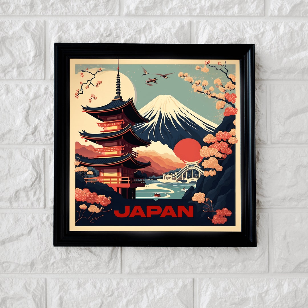 Vintage Japanese Wall Art With Asian Buildings and a Mountain Lake at ...