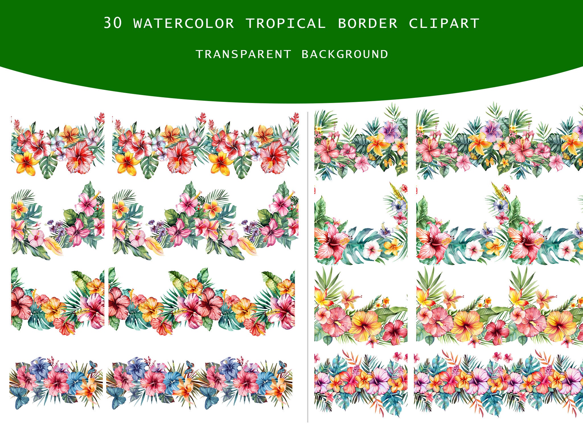 Watercolor Tropical Flowers Borders Clipart, 30 PNG Tropical Flowers ...