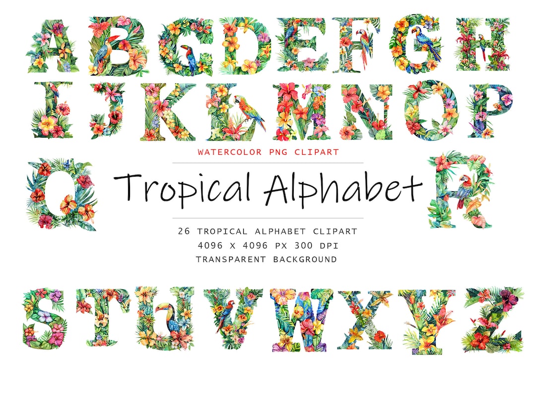 Watercolor Tropical Alphabet, Letters Png, Alphabet Png, Instant ...