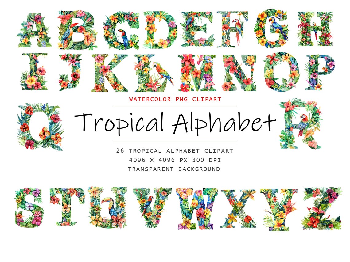 Watercolor Tropical Alphabet, Letters Png, Alphabet Png, Instant ...