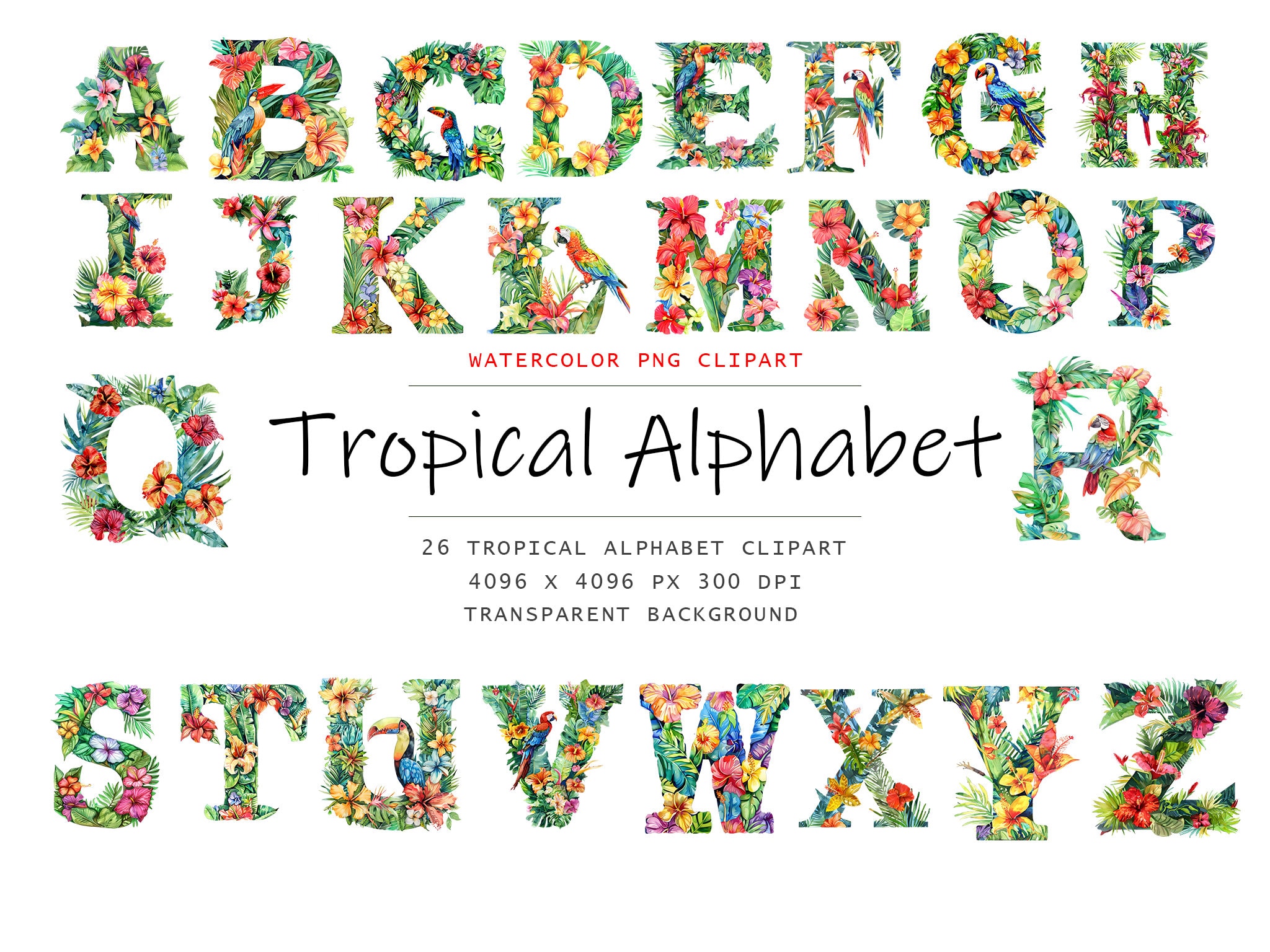 Watercolor Tropical Alphabet, Letters Png, Alphabet Png, Instant ...