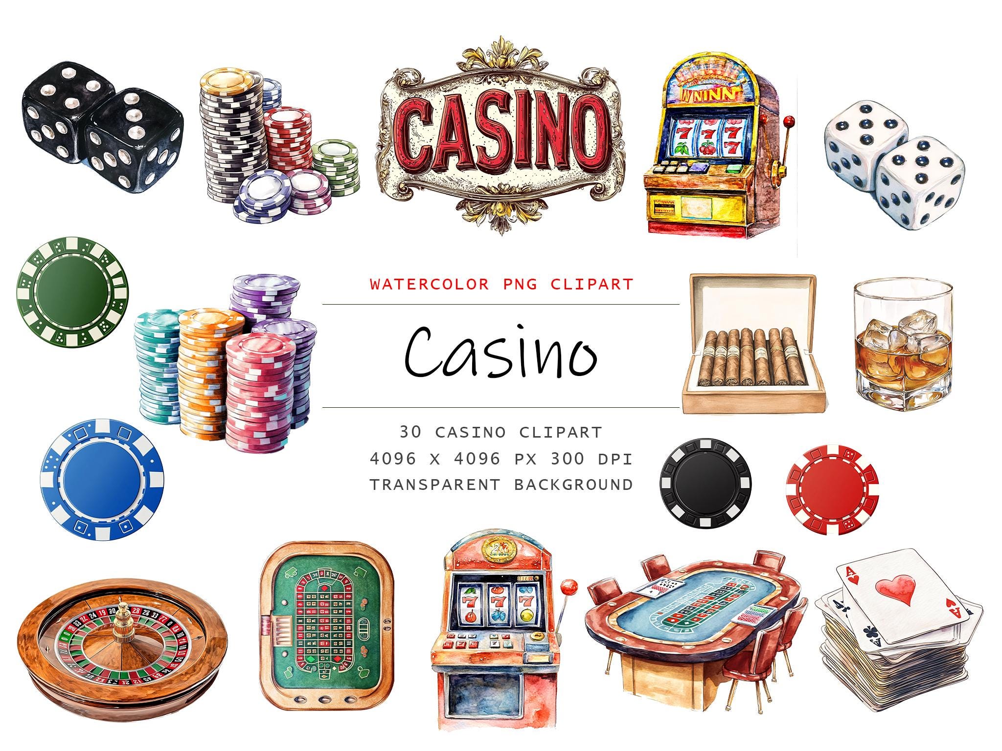 Watercolor Casino Clipart, 30 PNG Poker Clip Art, Commercial Use, Slot ...