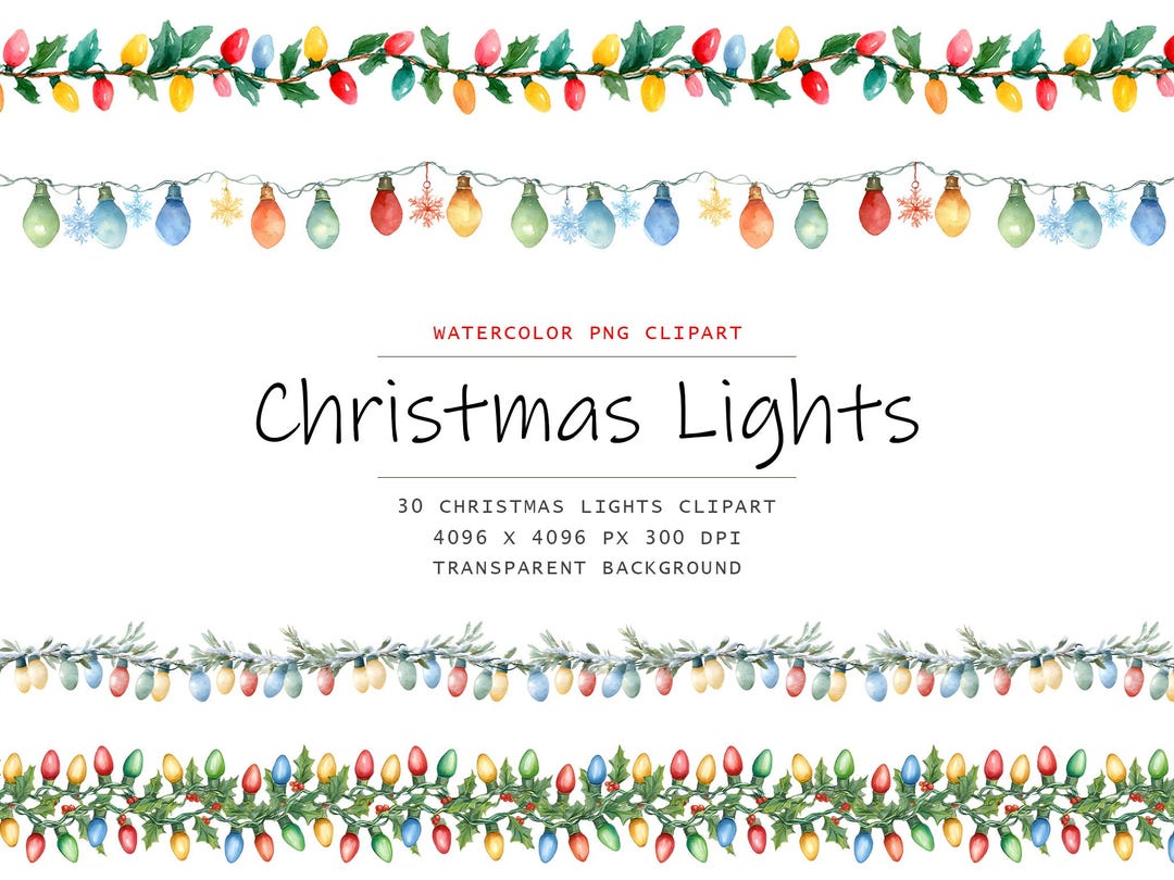 Watercolor Christmas Lights Border Clipart, 30 PNG Christmas Bulbs Clip ...