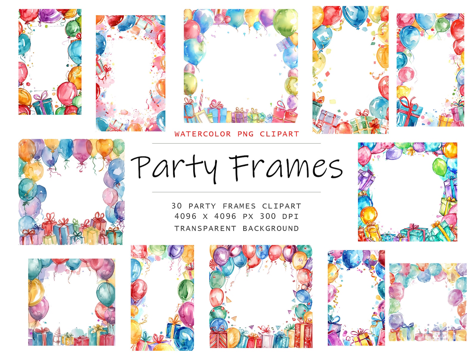 Watercolor Birthday Party Borders and Frames Clipart, 30 PNG Birthday ...