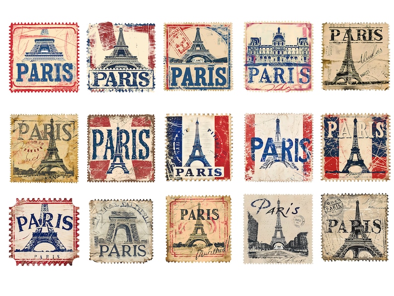 Vintage Paris Stamps Clipart, 15 PNG Paris Clip Art, Paris Clipart ...