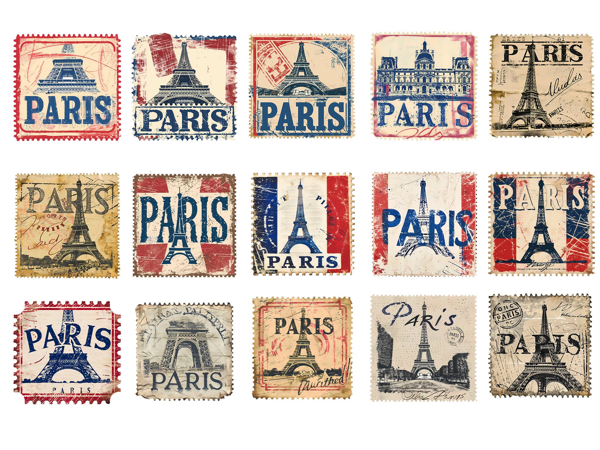 Vintage Paris Stamps Clipart, 15 PNG Paris Clip Art, Paris Clipart ...