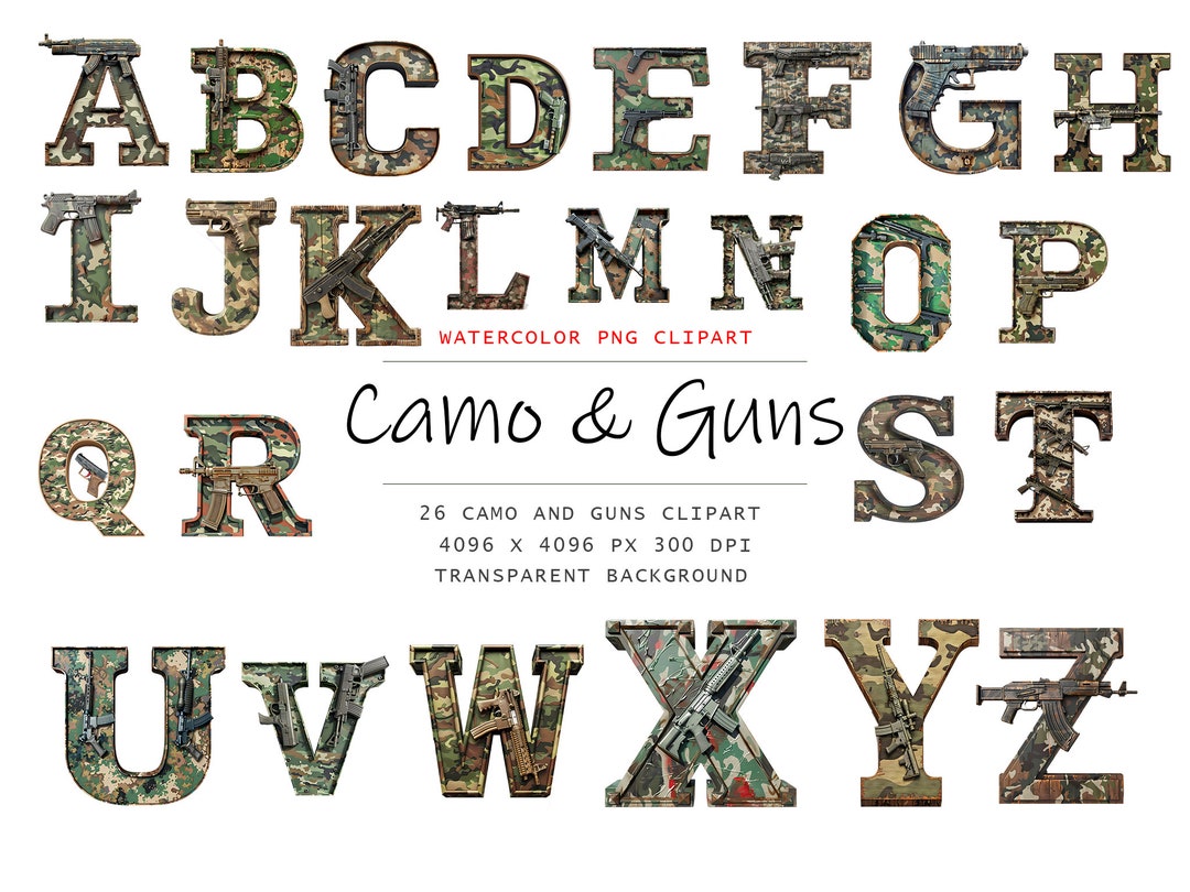 Watercolor Camo and Guns Alphabet Clipart, Military Alphabet, Military ...