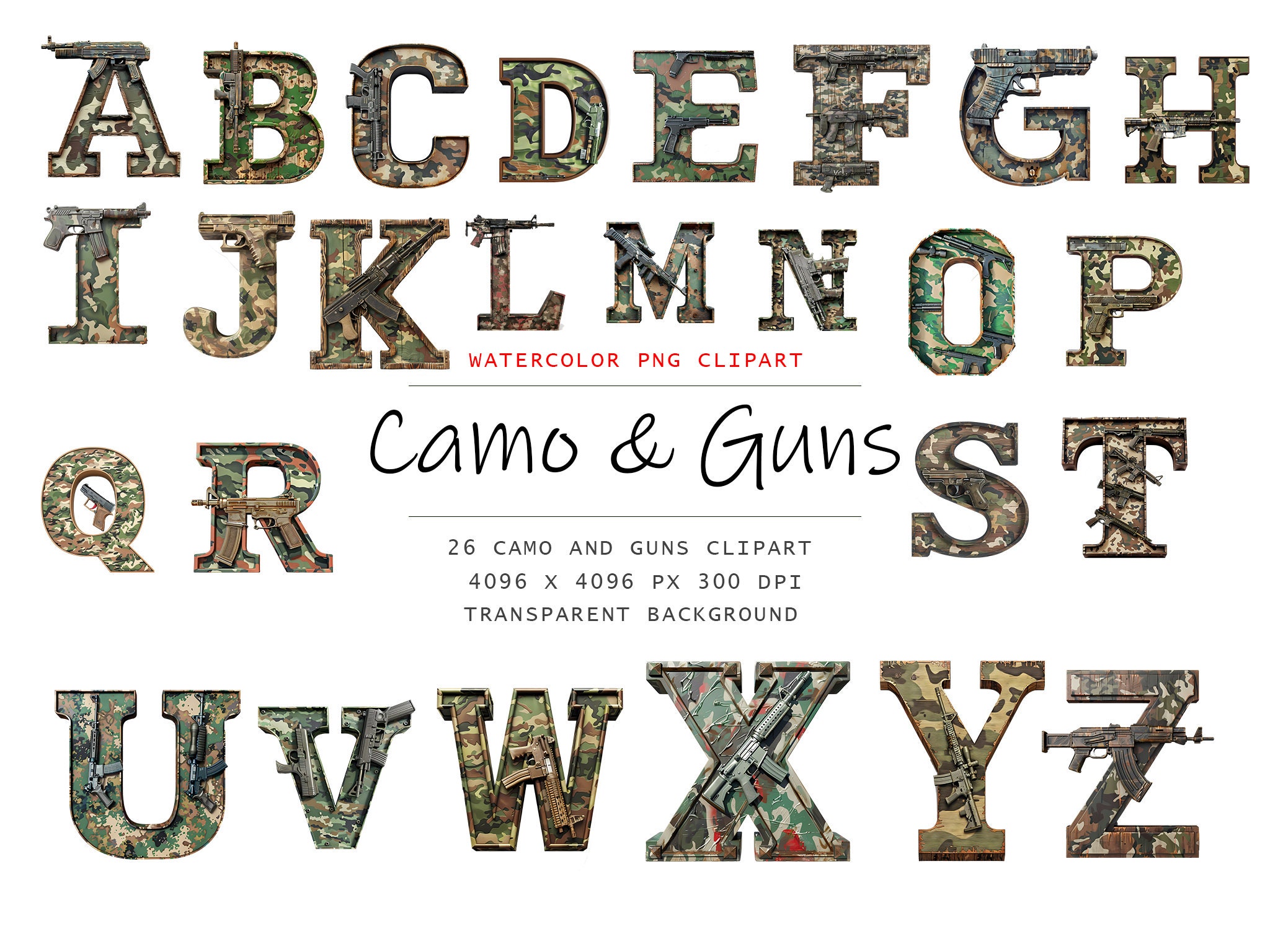Watercolor Camo and Guns Alphabet Clipart, Military Alphabet, Military ...