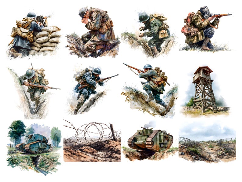 Watercolor Trench War Clipart, 40 PNG Army Clip Art, World War 1 Png ...