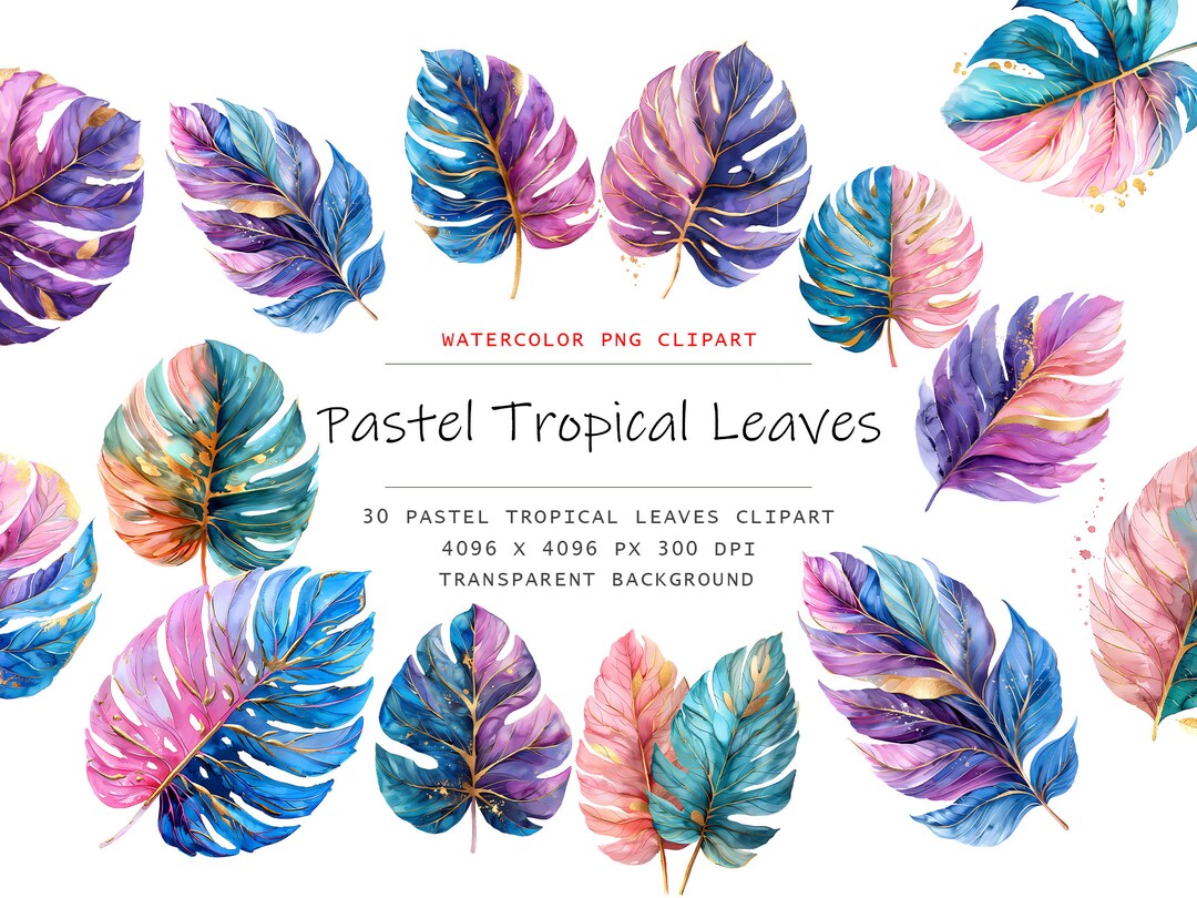 Pastel Tropical Leaves Clipart, 30 PNG Tropical Leaves Clip Art ...