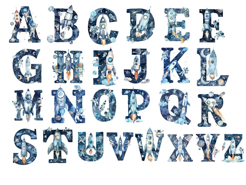 Watercolor Rocket Alphabet Clipart, 26 PNG Rocket Alphabet Clip Art ...