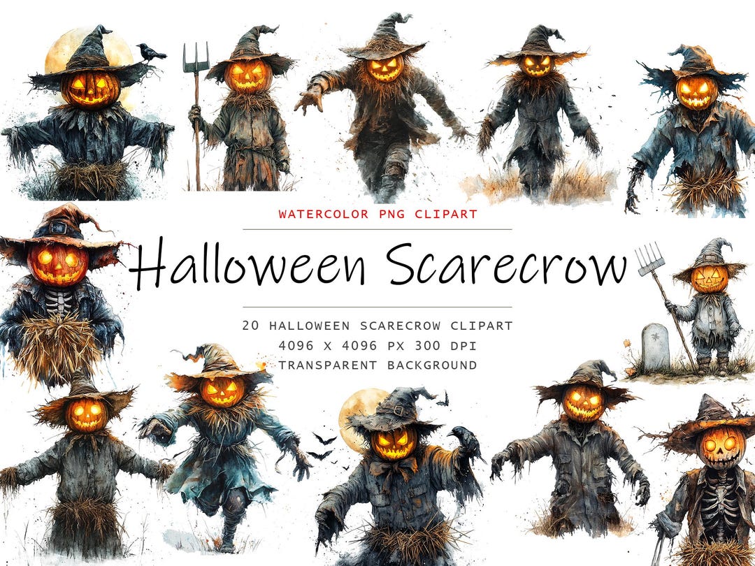 Watercolor Halloween Scarecrow Clipart, 20 PNG Halloween Scarecrow Clip ...