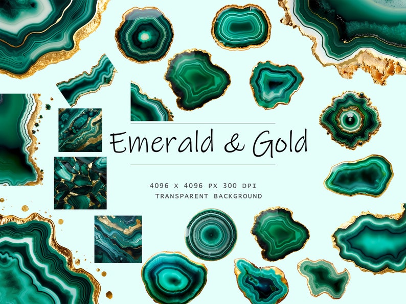 Emerald Green and Gold Agate Borders, Digital Geode PNG Overlays With ...