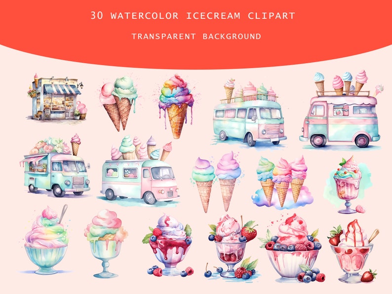 Watercolor Ice Cream Clipart, Cones and Sundaes, Ice Cream Truck Clip ...