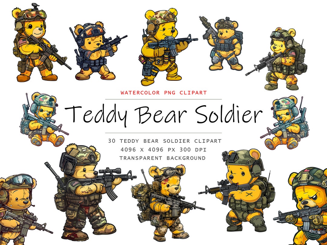 Watercolor Teddy Bear Soldier Clipart, 30 PNG Army Clip Art, Commercial ...