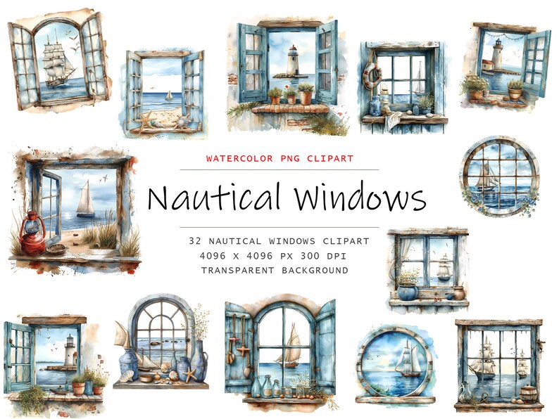 Watercolor Nautical Window Clipart, 10 High Quality JPEG and PNG Files ...