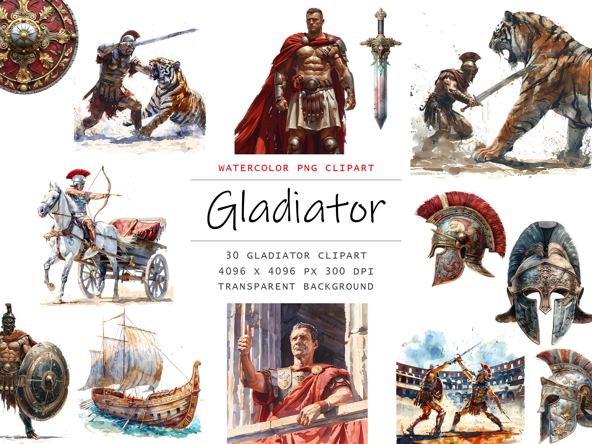 Watercolor Gladiator Clipart, 30 PNG Rome Clip Art, Commercial Use ...