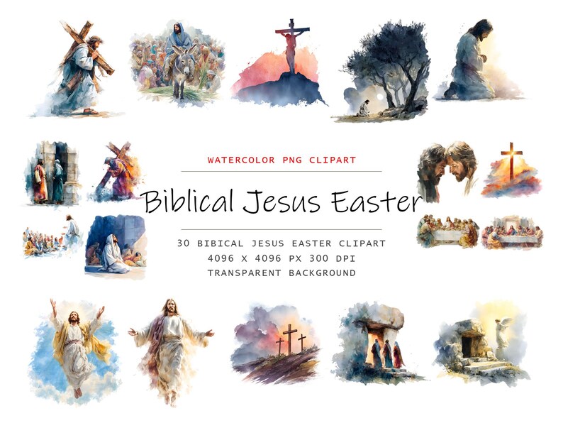 Watercolor Jesus Easter Clipart, 30 PNG Bible Clip Art, Commercial Use ...