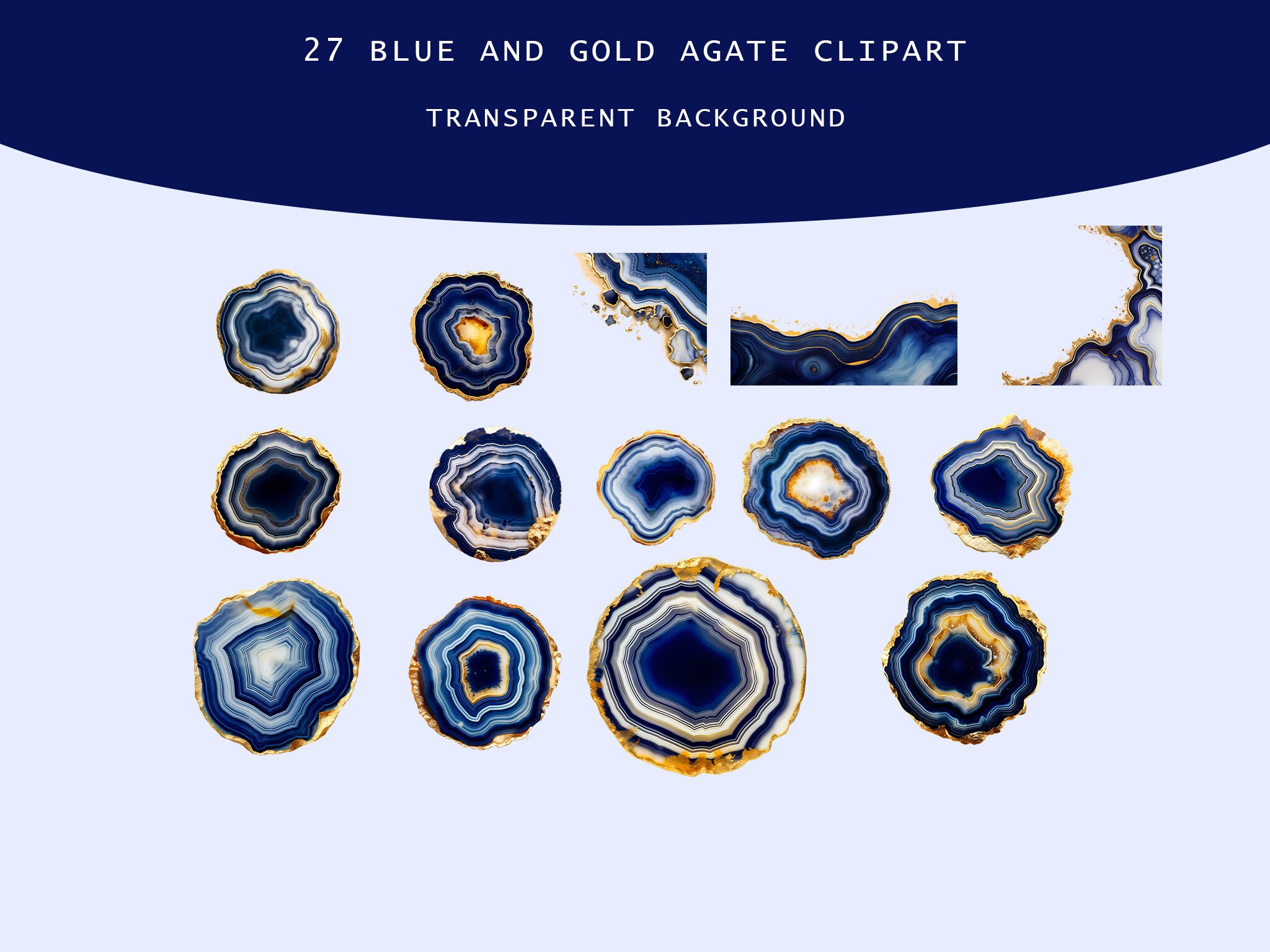 Navy and Gold Agate Borders, Digital Watercolor Geode PNG Overlays With ...