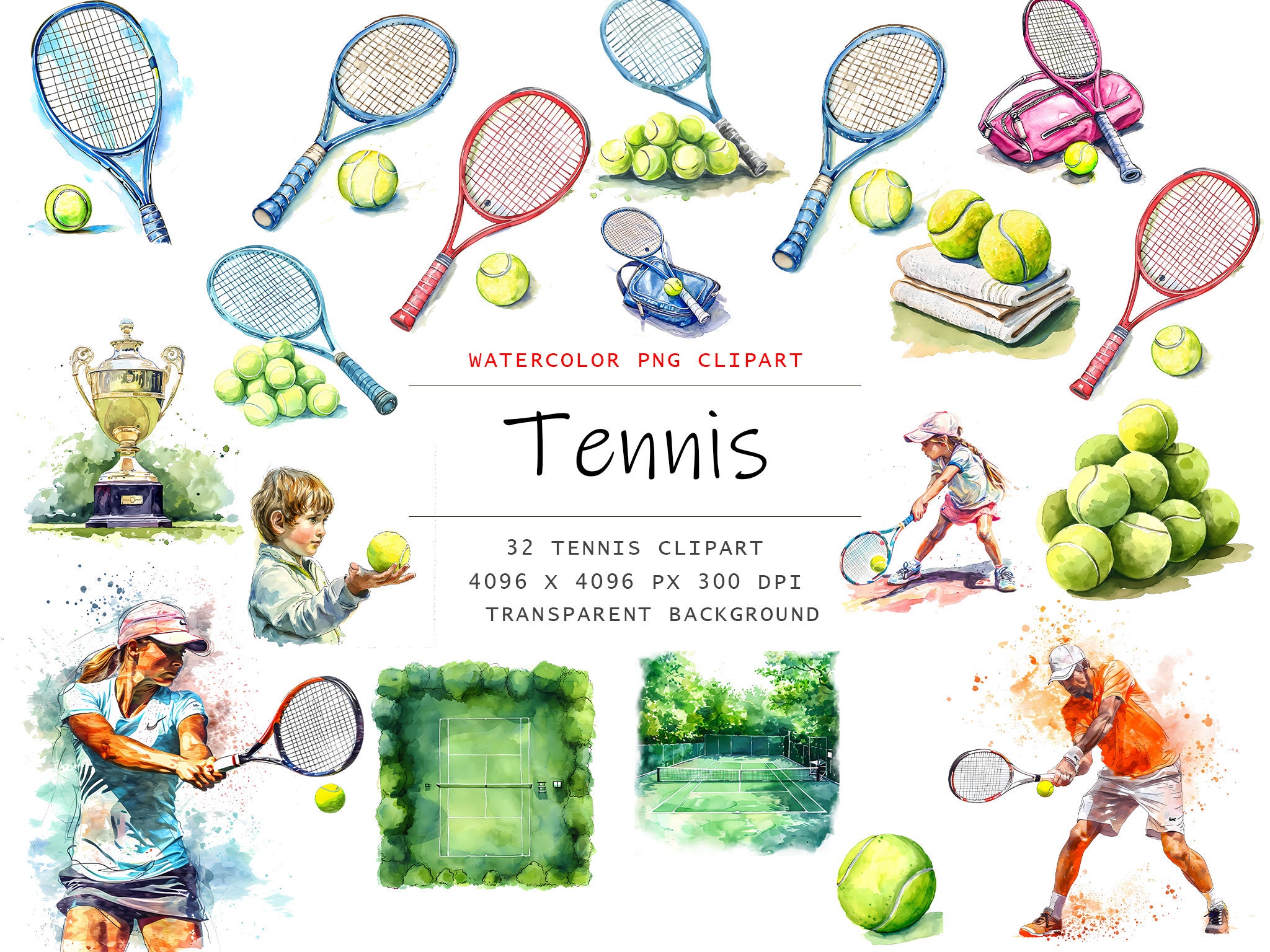Watercolor Tennis Clipart- 32 Transparent Background PNG Commercial Use ...