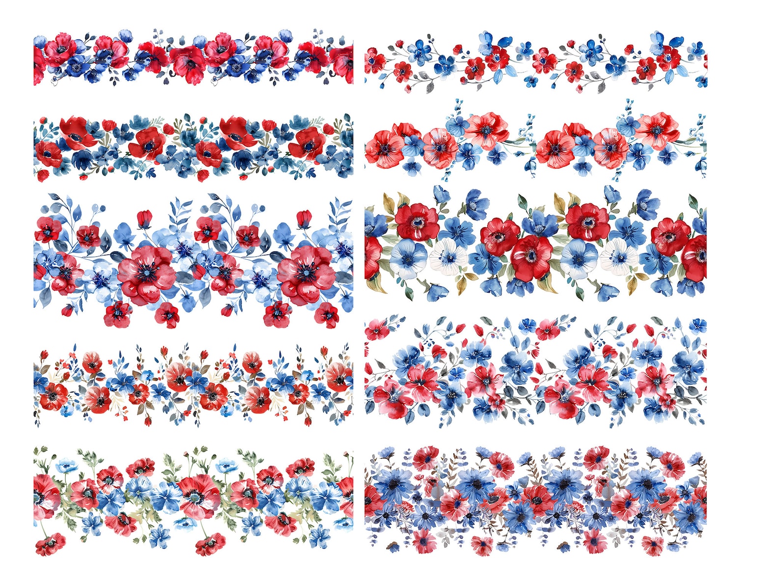 Watercolor Blue Red Flower Border Clipart, 28 PNG Red White and Blue ...