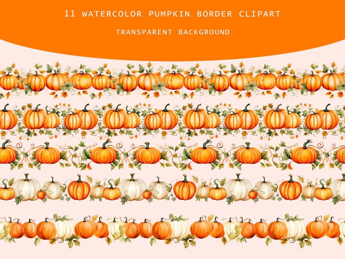 Watercolor Pumpkin Borders Clipart - Seamless Fall Autumn Borders Clip ...