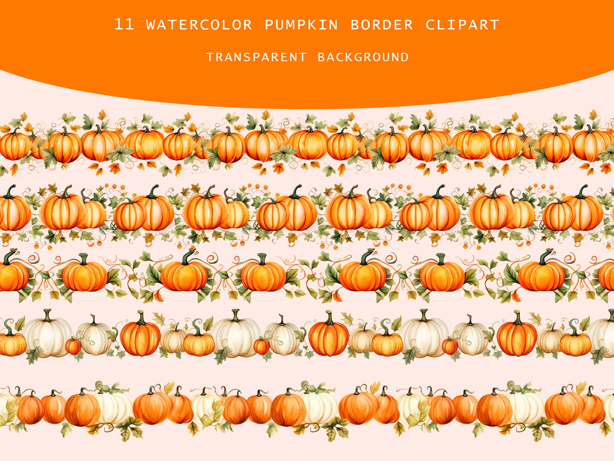 Watercolor Pumpkin Borders Clipart - Seamless Fall Autumn Borders Clip ...