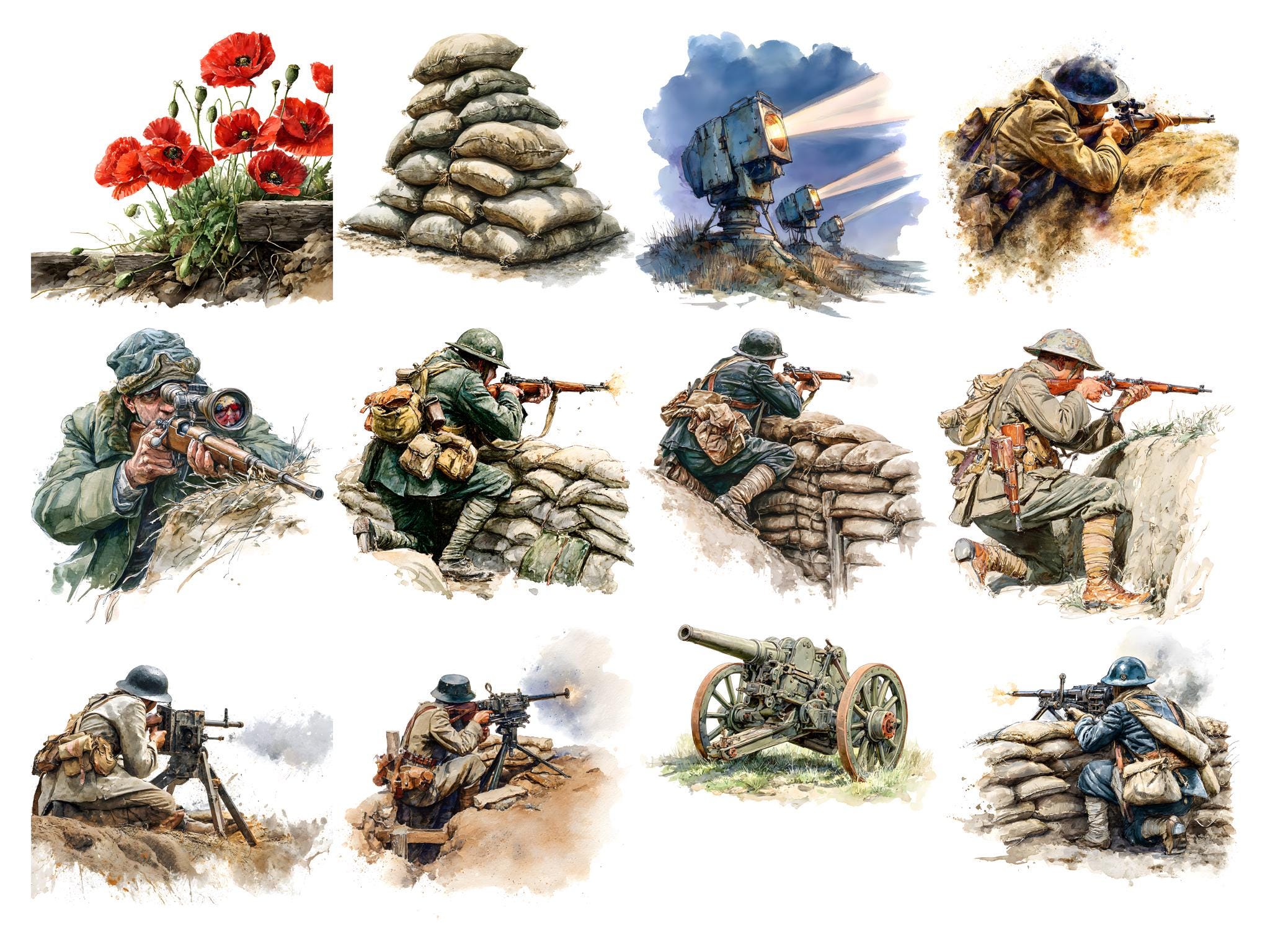 Watercolor Trench War Clipart, 40 PNG Army Clip Art, World War 1 Png ...