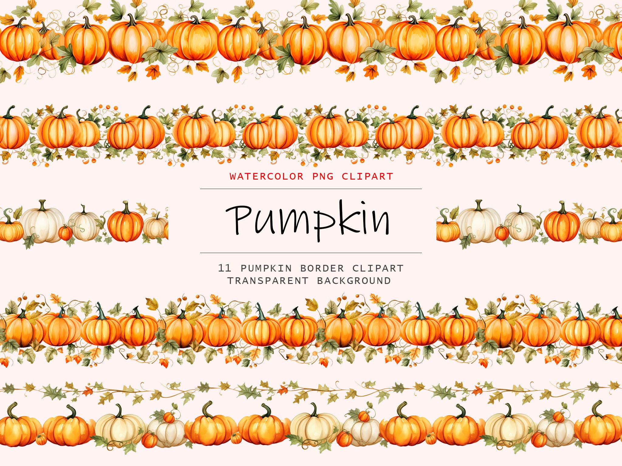 Watercolor Pumpkin Borders Clipart - Seamless Fall Autumn Borders Clip ...