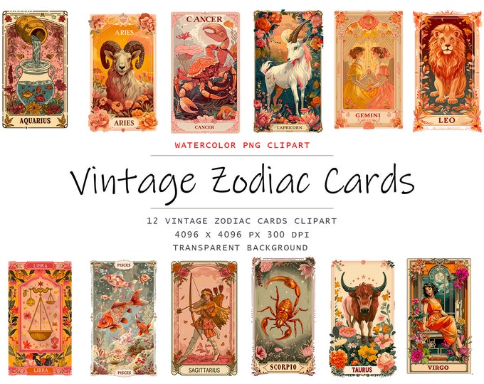 Vintage Zodiac Cards, 12 PNG Zodiac Png Art, Commercial Use, Zodiac Png ...