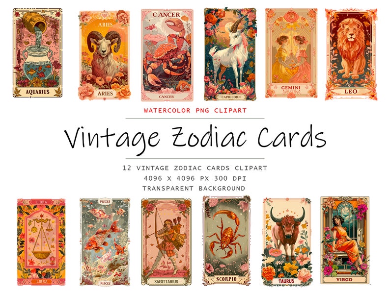 Vintage Zodiac Cards, 12 PNG Zodiac Png Art, Commercial Use, Zodiac Png ...