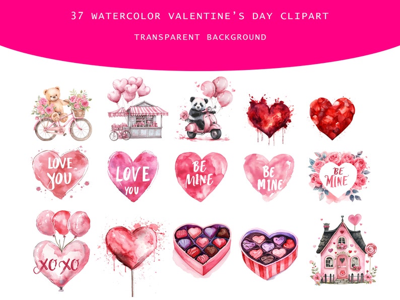 Watercolor Cute Valentines Clipart, 37 PNG Valentines Day Clipart ...