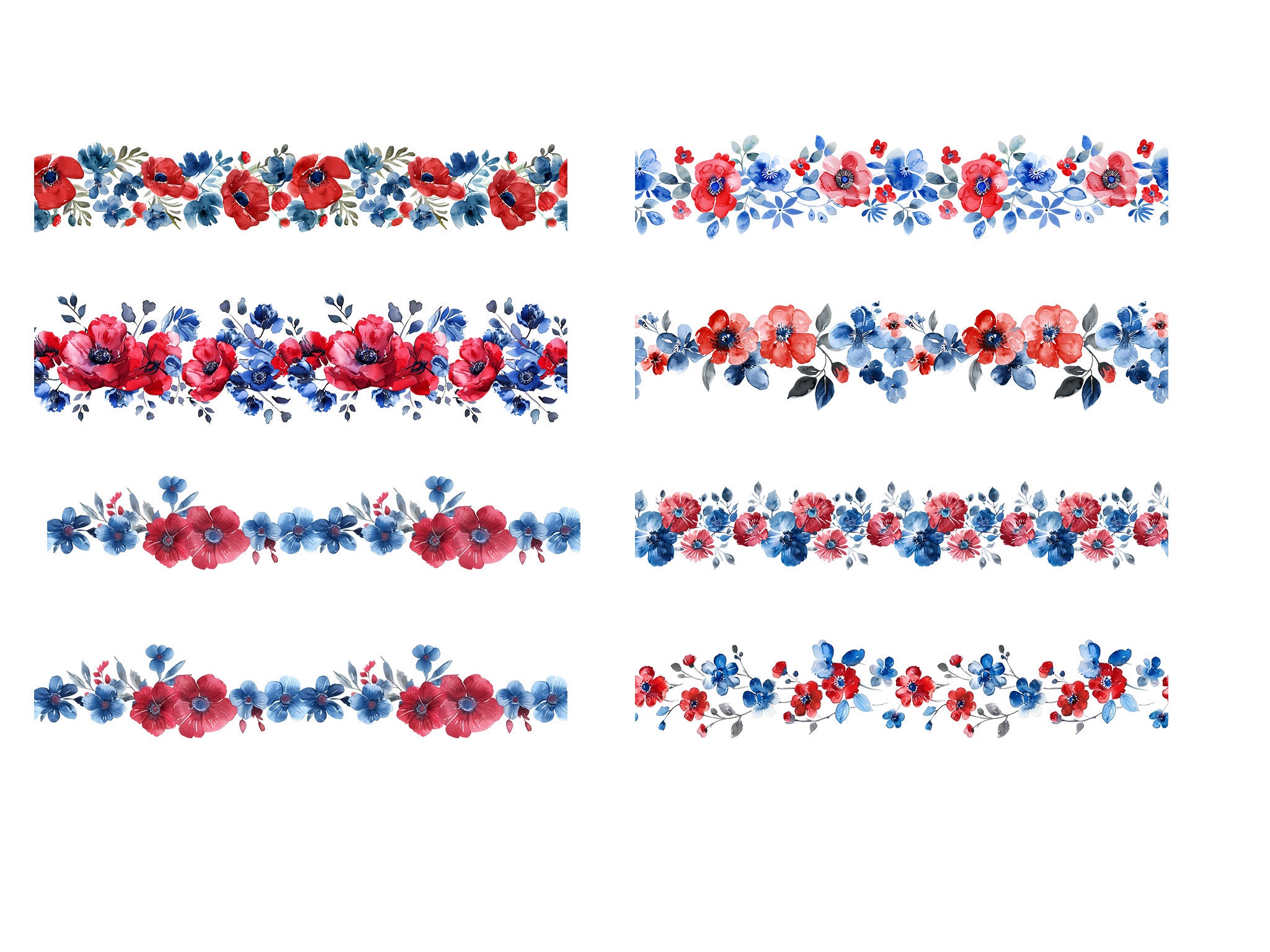 Watercolor Blue Red Flower Border Clipart, 28 PNG Red White and Blue ...