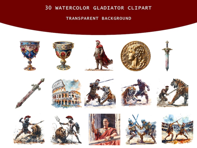 Watercolor Gladiator Clipart, 30 PNG Rome Clip Art, Commercial Use ...