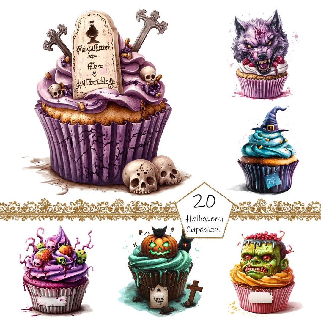 Watercolor Halloween Cupcakes Clipart, 20 PNG Halloween Cupcakes Clip ...