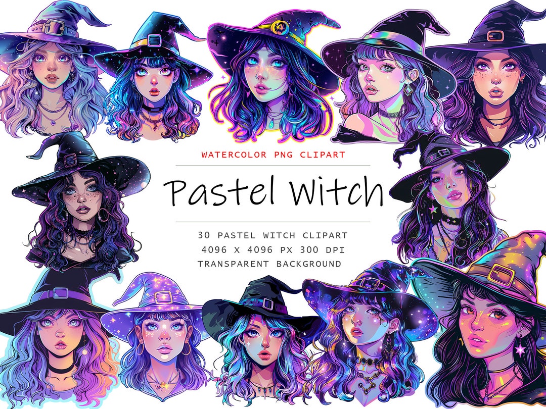 Watercolor Pastel Witch Clipart, 30 PNG Pastel Witch Clip Art, Fantasy ...