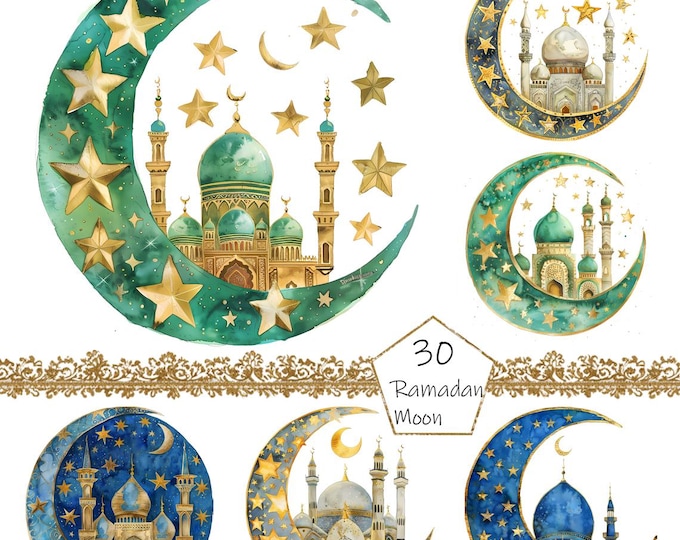 Watercolor Ramadan Moon Clipart,30 PNG Ramadan Moon Clip Art,muslim ...