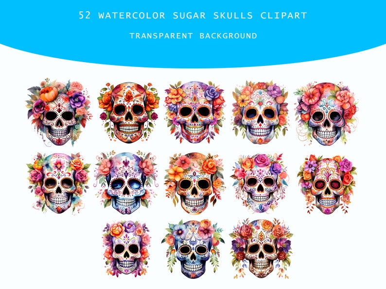 Watercolor Sugar Skull Clipart, Watercolor Clipart,skulls With Flowers ...